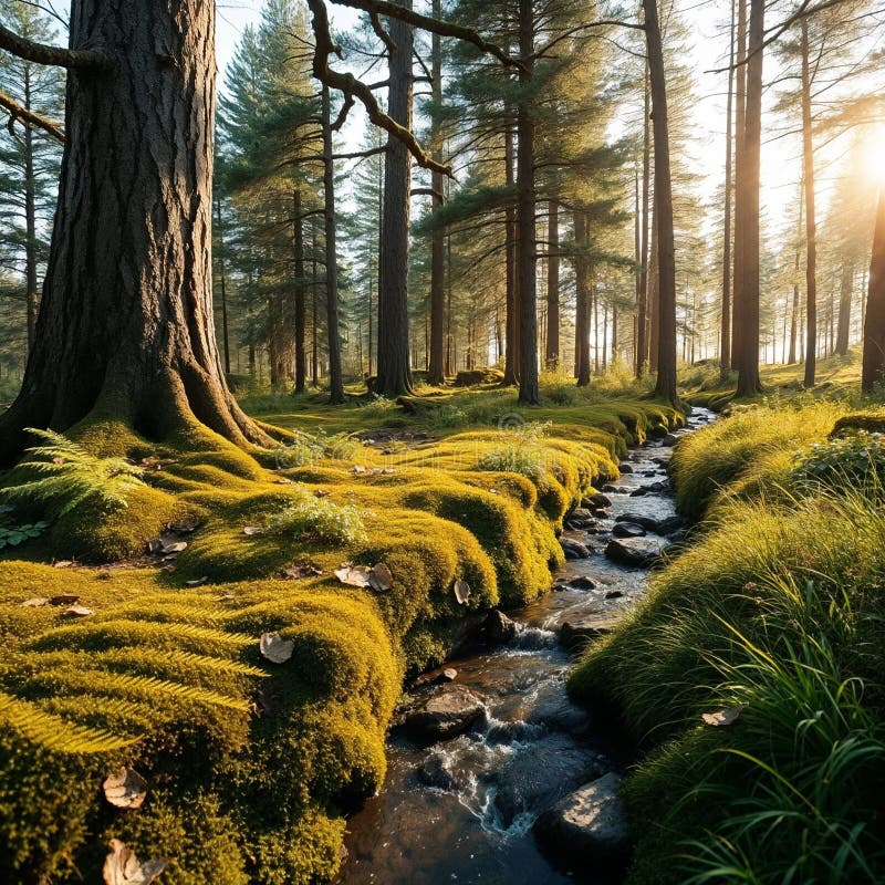 Sunlit Forest with Serene Stream Stock Image - Image of scenic, fresh ...
