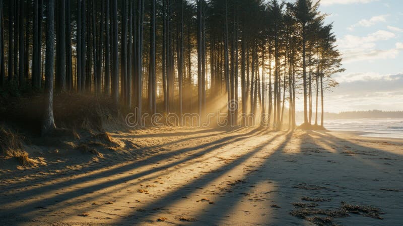 Sunlit Forest Shadows on Beach at Sunset Stock Image - Image of evening ...