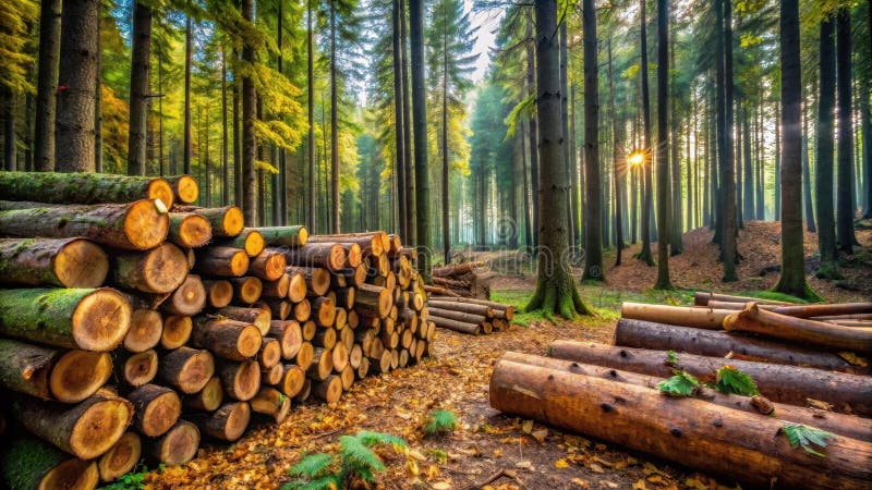Sunlit Forest with Stacked Logs and Fallen Timber. Generative AI Stock ...