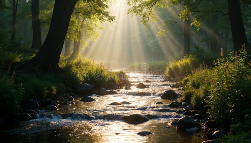 Sunlit Forest Stream stock illustration. Illustration of scenic - 344071567