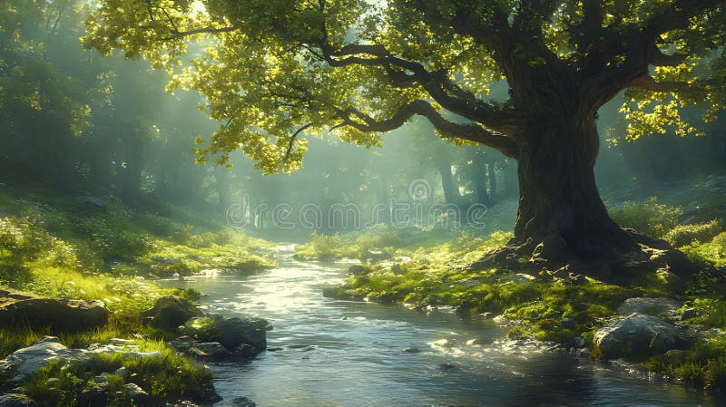 Sunlit Forest Stream, Ancient Oak, Morning Mist, Nature Scene, Idyllic ...