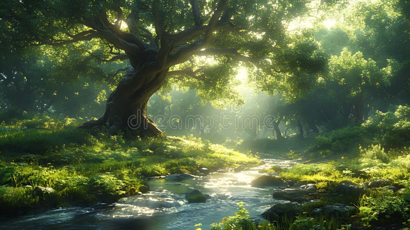 Sunlit Forest Stream, Ancient Tree, Morning Mist, Nature Scene ...