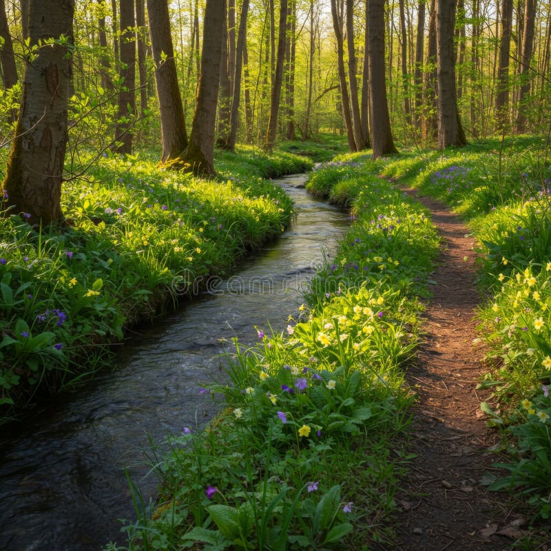 Sunlit Forest Stream with Blooming Flowers and a Winding Path Stock ...