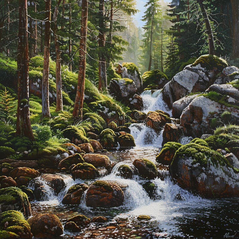 Sunlit Forest Stream Cascading Over Moss Covered Rocks Stock Photos ...