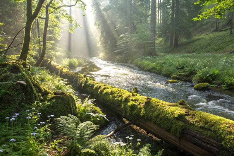 Sunlit Forest Stream Flowing Gently Past a Moss-covered Fallen Log Stock Illustration ...