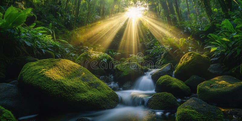 Sunlit Forest Stream stock image. Image of generated - 390029655