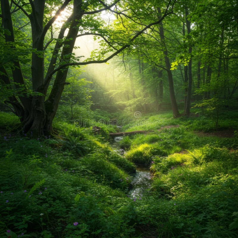 Sunlit Forest Stream: Lush Green Woodland Path Stock Illustration ...