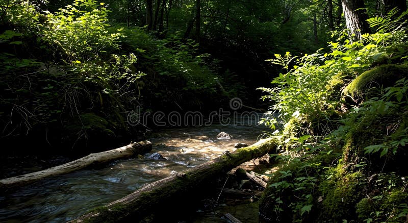 Sunlit Forest Stream with Lush Greenery, and Nature Stock Illustration ...