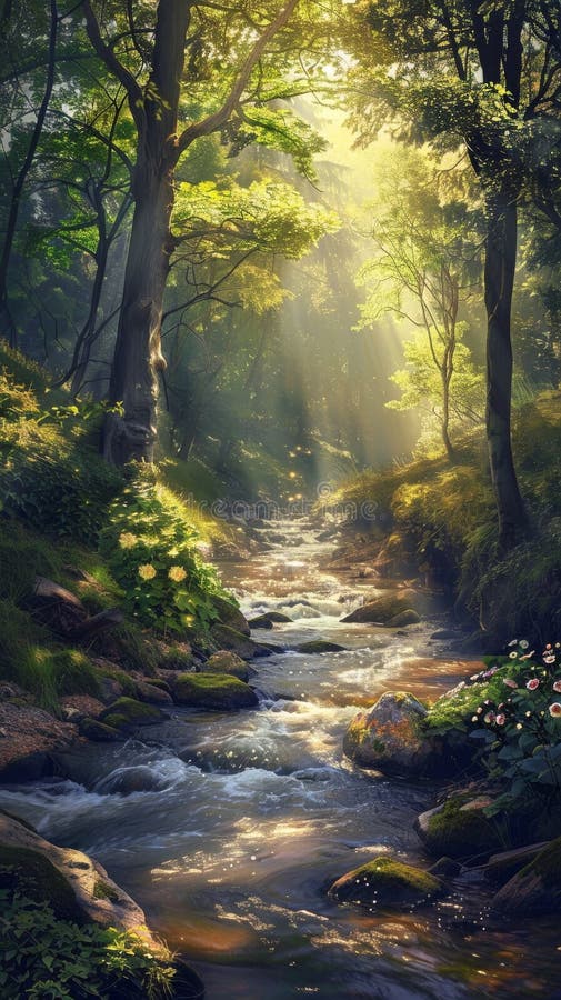 Sunlit Forest Stream with Lush Greenery and Wildflowers, Serene Nature ...