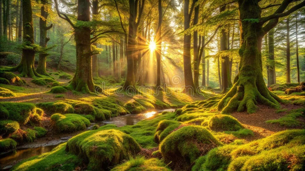 Sunlit Forest Stream with Moss Covered Trees and Golden Rays ...