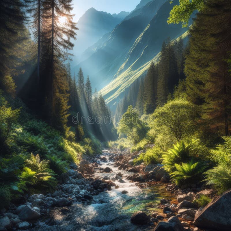 Sunlit Forest Stream in a Mountain Valley Stock Photo - Image of ...