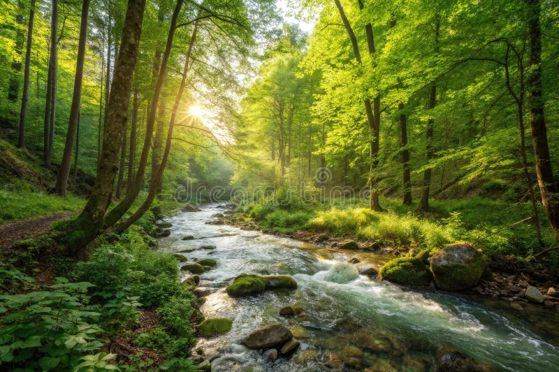 Sunlit Forest Stream a Panoramic View of Lush Greenery and Sparkling ...