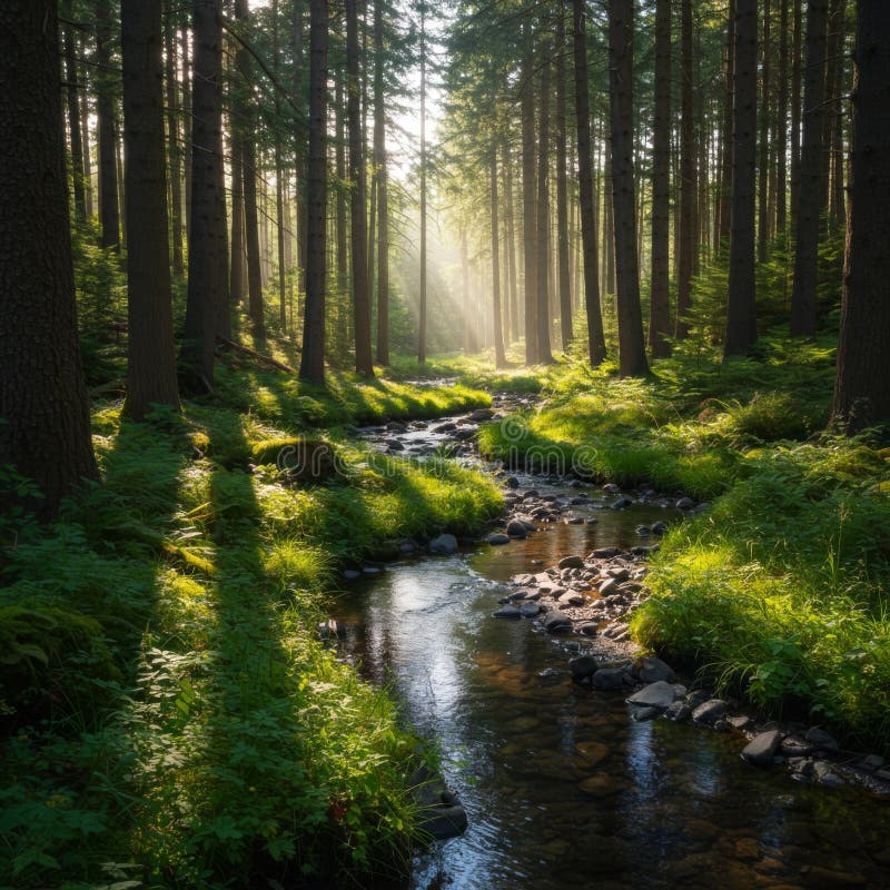 Sunlit Forest Stream Path stock photo. Image of calm - 379154716