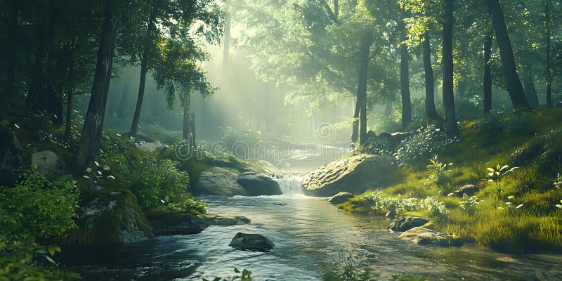 Sunlit Forest Stream Peaceful Nature Scene Stock Illustration ...