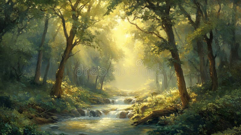 Sunlit Forest Stream a Serene Woodland Scene Stock Illustration ...