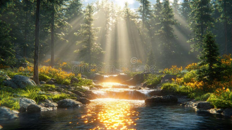 Sunlit Forest Stream stock photo. Image of plants, stream - 366600106