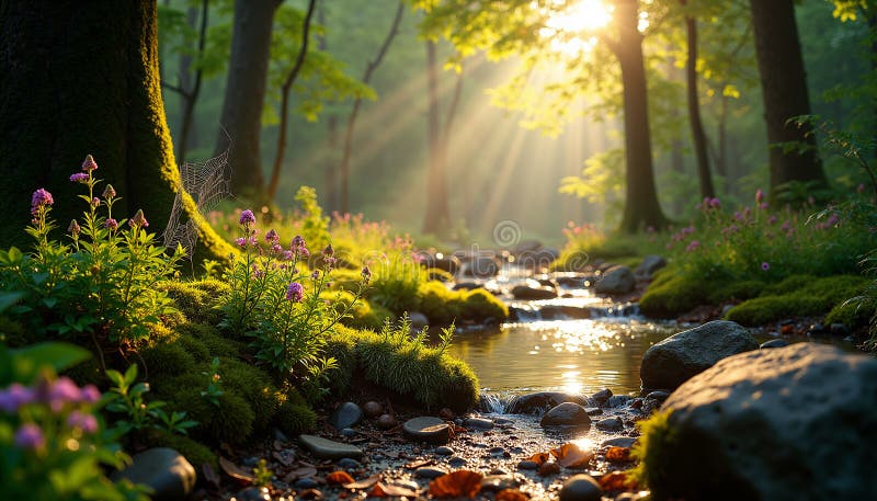 Sunlit Forest Stream Surrounded by Lush Flora and Peaceful Serenity Stock Illustration ...