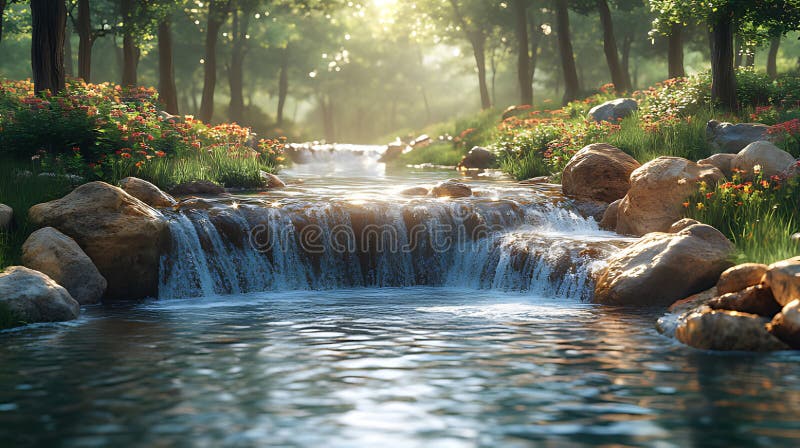 Sunlit Forest Stream Waterfall Nature Scene Stock Illustration ...