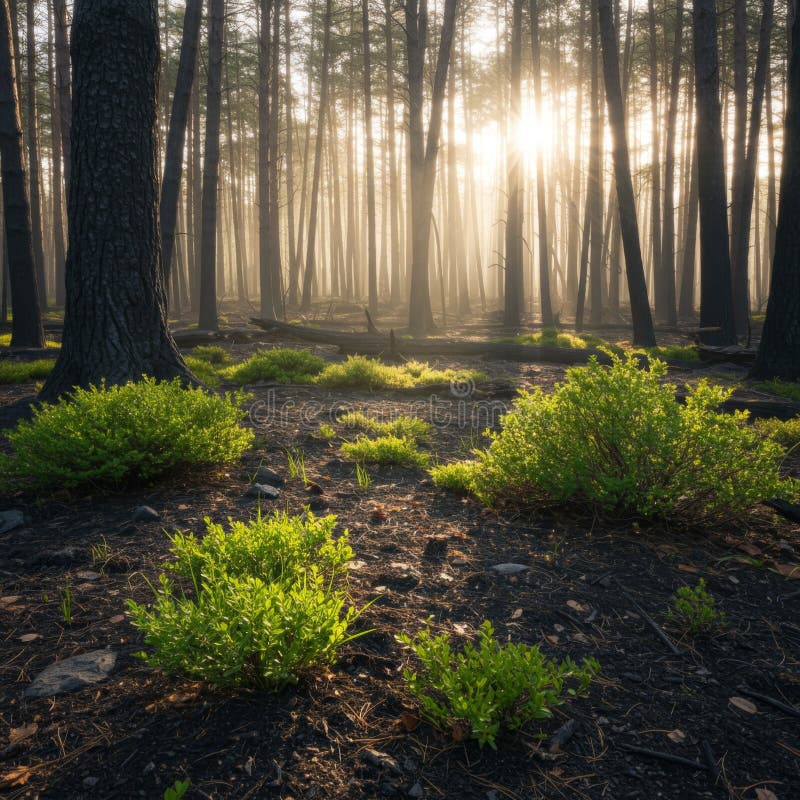 Sunlit Forest at Sunrise: Green Groundcover and Tall Pine Trees Stock ...