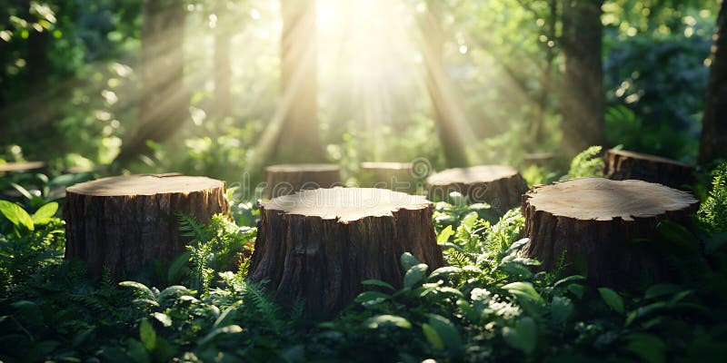 Sunlit Forest Tree Stumps Lush Greenery Nature Photography Stock ...
