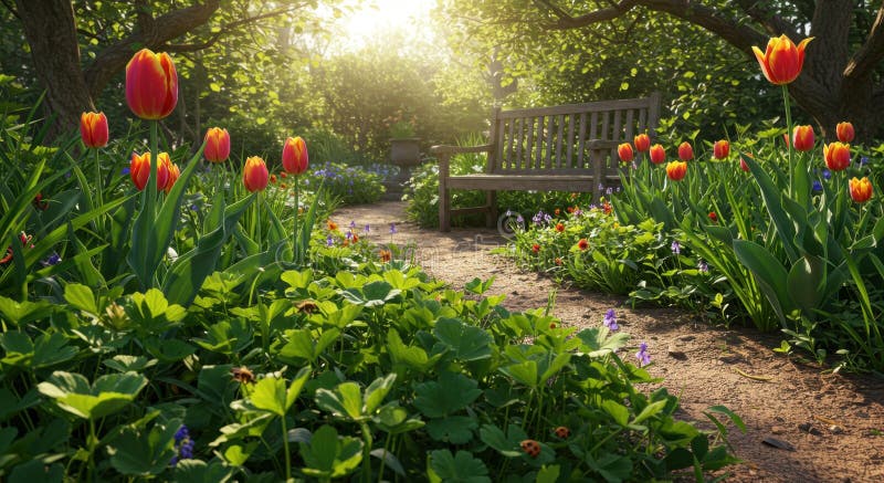 Sunlit Garden Path with Orange Tulips and Wooden Bench Stock ...