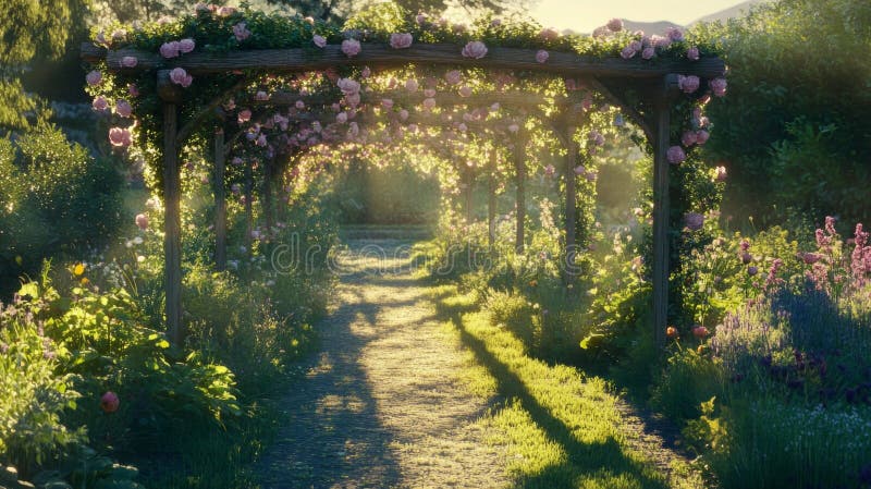 Sunlit Garden Path with Rose Arch Stock Illustration - Illustration of ...