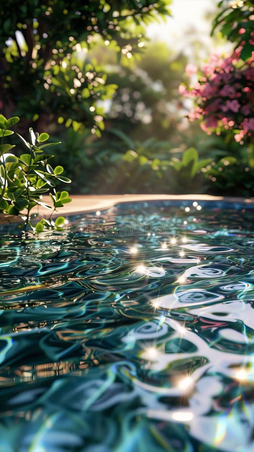 Sunlit Garden Pool with Sparkling Water Reflections, Serene Nature ...