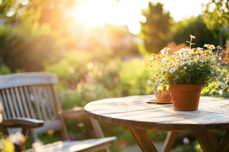 Sunlit Garden Table Flowers Chair Backyard Oasis Setting Stock Photos ...