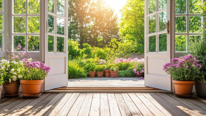 Sunlit Garden View through Open French Doors Stock Illustration ...