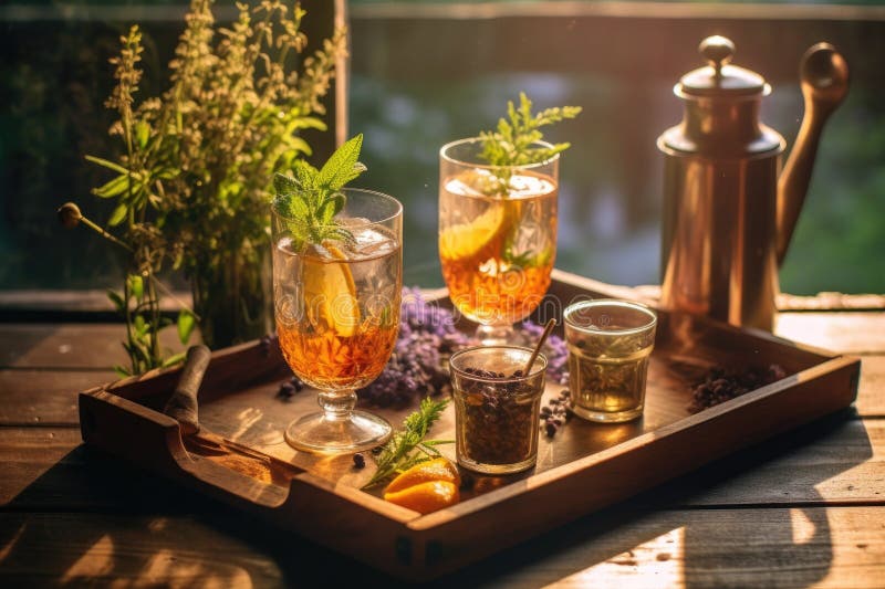 Sunlit Gin Cocktails on Rustic Wooden Tray Stock Image - Image of ...