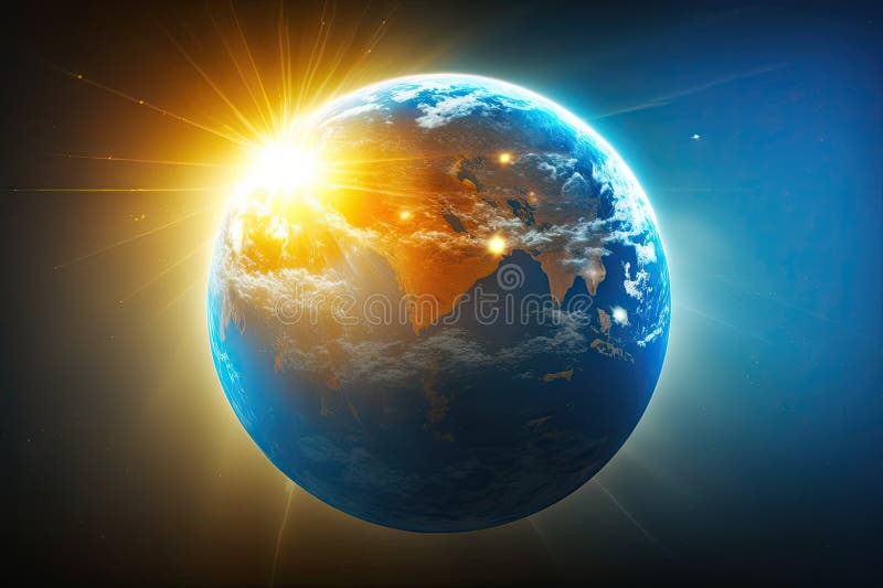 A Sunlit Globe Against a Blue Sky, with Rays of Light Illuminating the ...