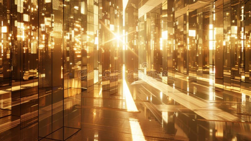 Sunlit Golden Room with Endless Reflections Stock Illustration ...