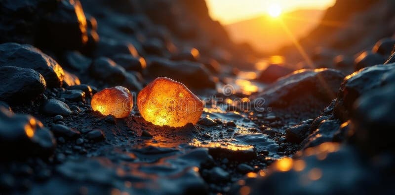 Sunlit Golden Stones Embedded in Dark Volcanic Rock , Shadow, Sunlight ...
