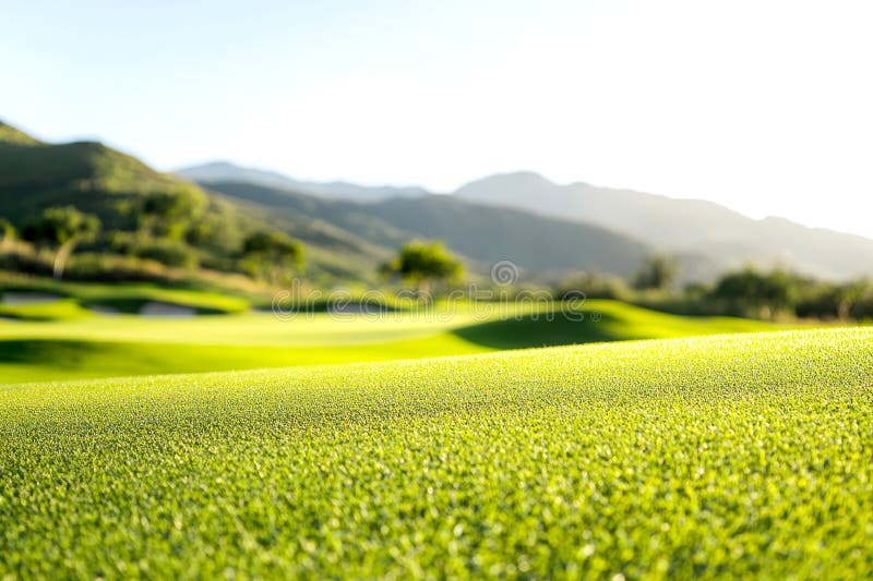 Sunlit Golf Course with Fresh Green Grass and Distant Mountain Backdrop ...