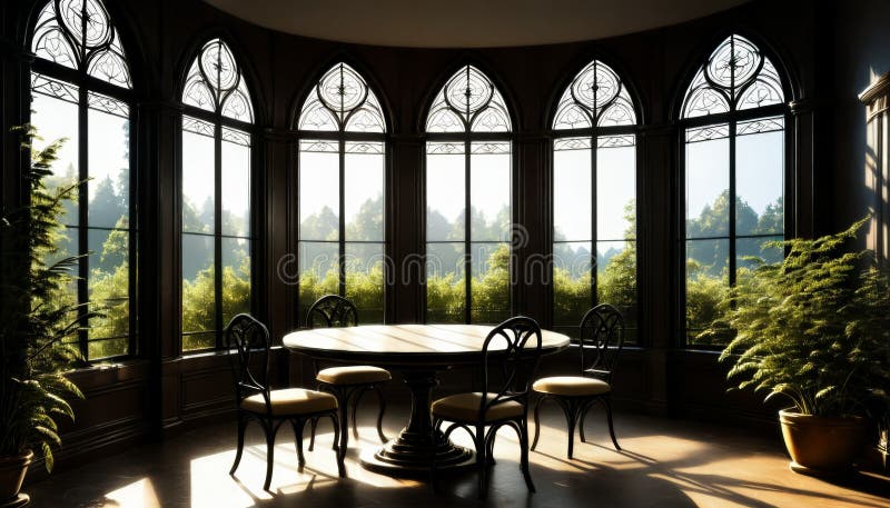 Sunlit Gothic-style Room with Arched Windows Stock Image - Image of ...
