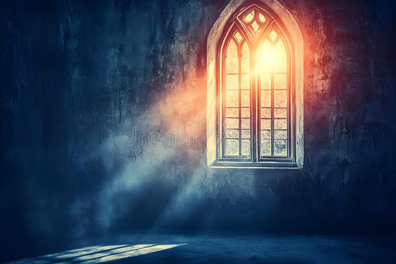 Sunlit Gothic Window in a Darkened Room Dramatic Backdrop Stock ...