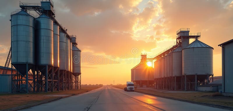 Sunlit Granary with Silver Silos, Elevator at Agro-processing Plant ...
