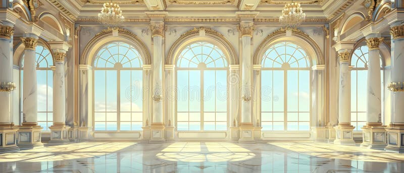 Sunlit Grand Ballroom with Elegant Arch Windows and Columns. Concept ...
