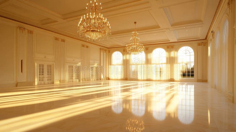 Sunlit Grand Ballroom with Elegant Chandeliers and Windows Stock ...