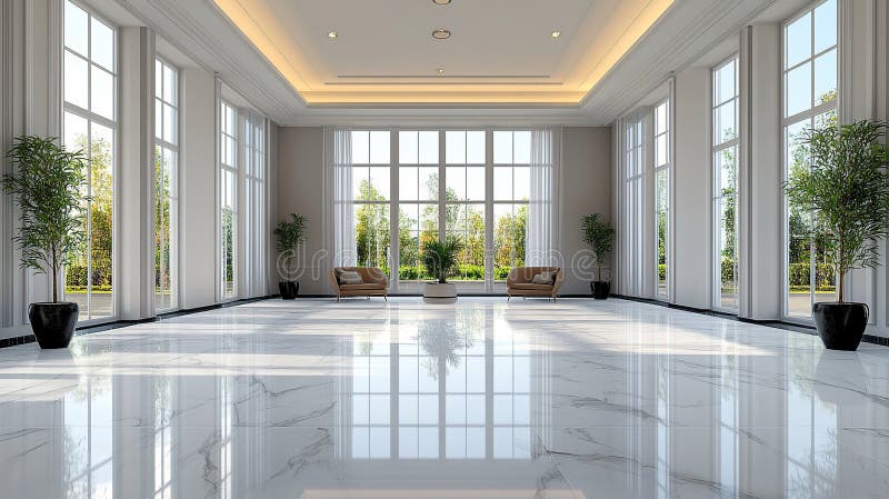 Sunlit Grand Hall with Marble Floor, Large Windows, and Armchairs Stock ...