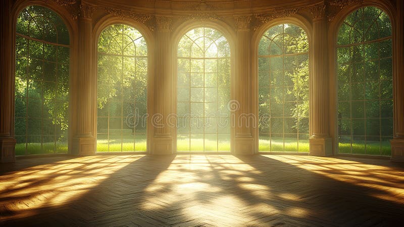 Sunlit, Grand Room with Arched Windows, Overlooking a Garden Stock ...