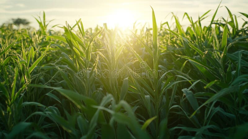 Sunlit Green Cornfield at Sunset Golden Hour Stock Illustration ...