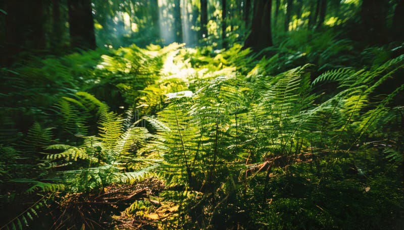 Sunlit Green Ferns Dense Forest Rays Light Filtering Stock Photos ...
