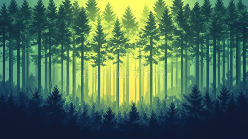 Sunlit Green Forest Mist Digital Art Stock Illustration - Illustration ...