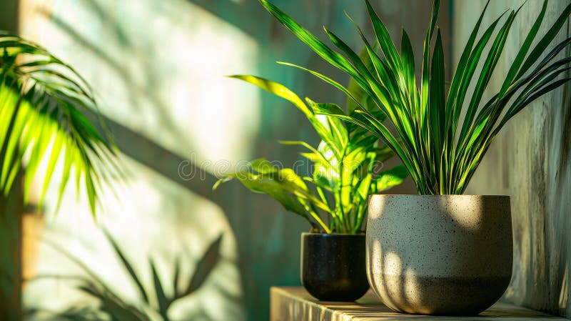 Sunlit Green Indoor Plants in Rustic Pots Stock Image - Image of ...