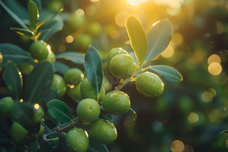 Sunlit Green Olives on Tree Branches in Warm Evening Light: Perfect for ...