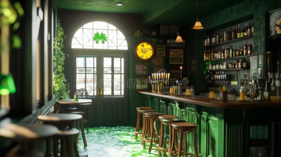 Sunlit Green Pub Interior with Traditional Decor Stock Illustration ...
