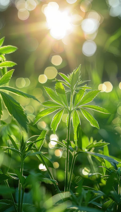 Sunlit Greenery in a Summer Meadow Focus on a Lone Leafy Plant ...