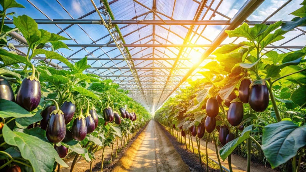 Sunlit Greenhouse Rows of Eggplants Maturing in a Modern Agricultural ...