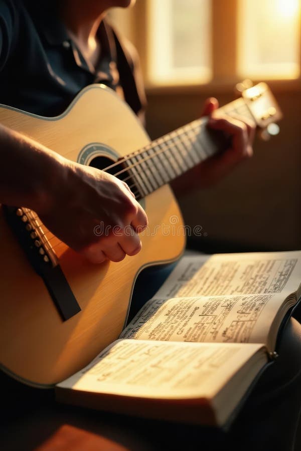 Sunlit Guitar, Open Notebook; Music Composition Scene, Wood Grain ...